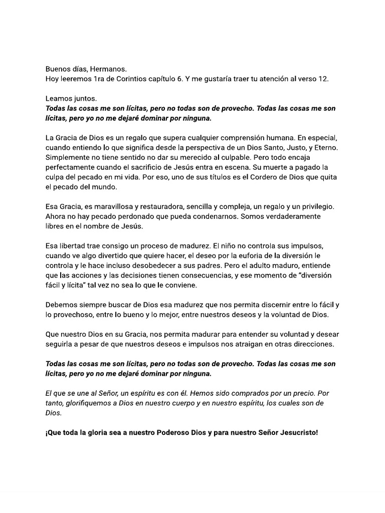 Devocional Corto Sobre 1ra Corintios Cap6 | PDF