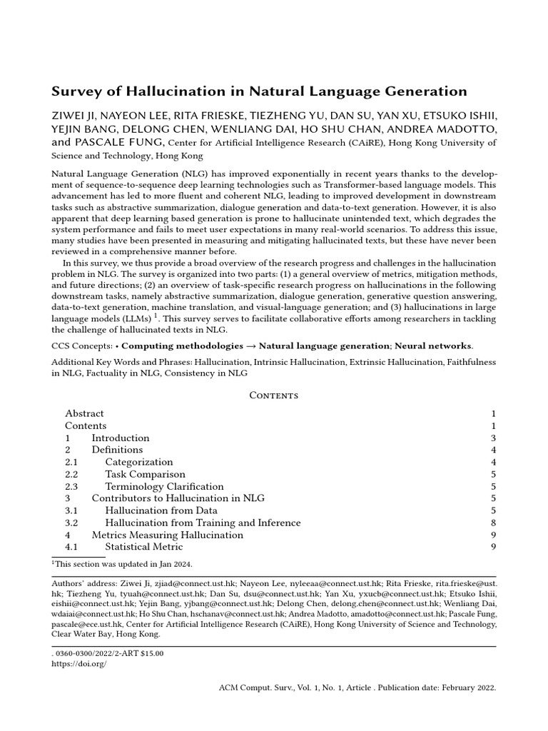 Survey of Hallucination in Natural Language Generation | PDF