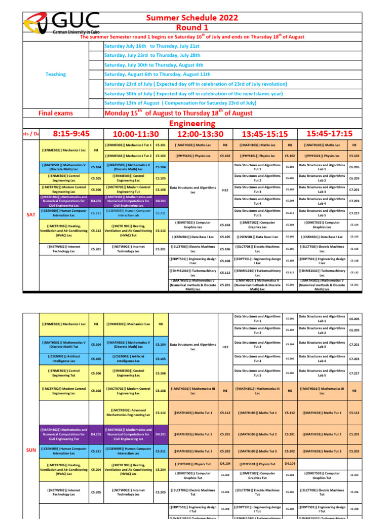 Engineering Summer R1 Schedule 2022 v2.4 | PDF