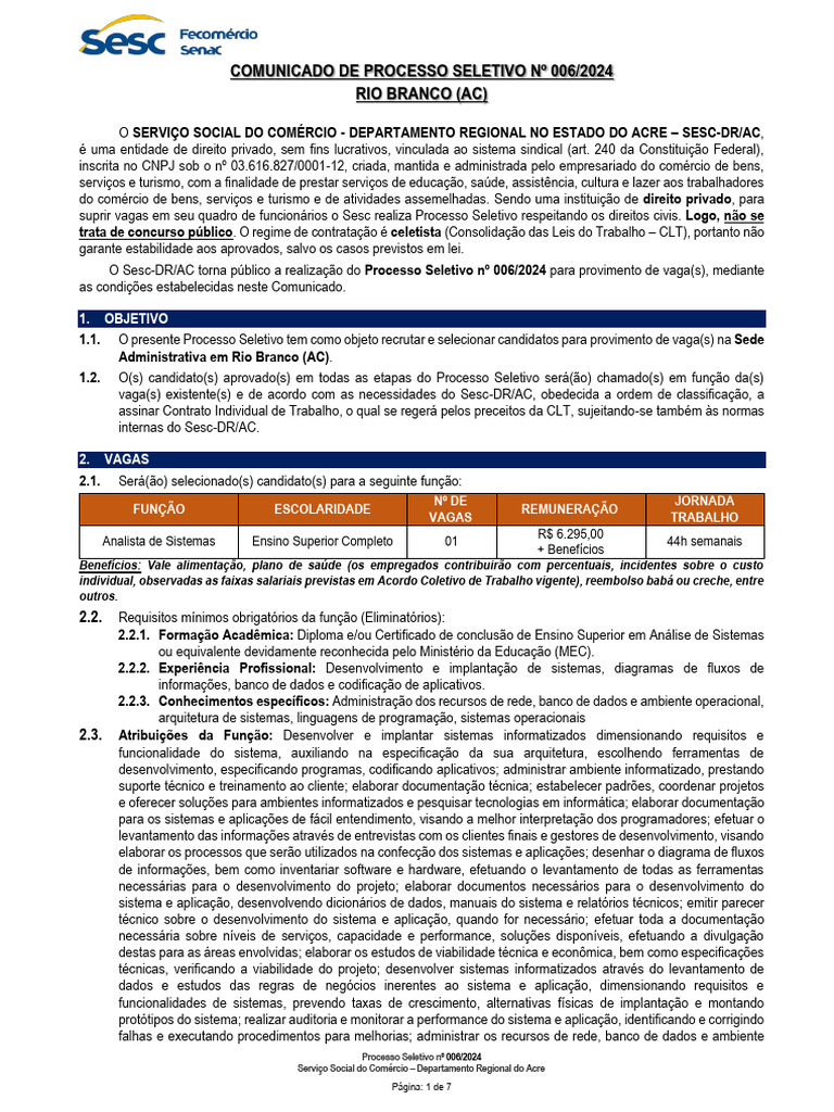 Comunicado de Processo Seletivo #006/2024 Rio Branco (Ac) : 1. Objetivo | PDF