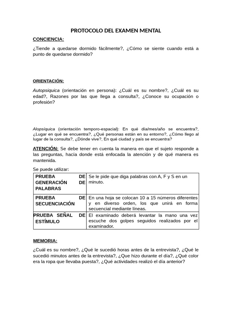 Protocolo - Examen Mental | PDF