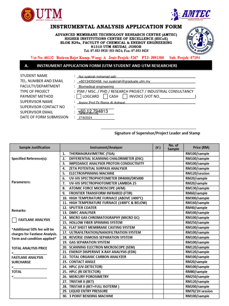 AMTEC Form Equipment Analysis UTM Student and UTM Researcher Updated 1 ...