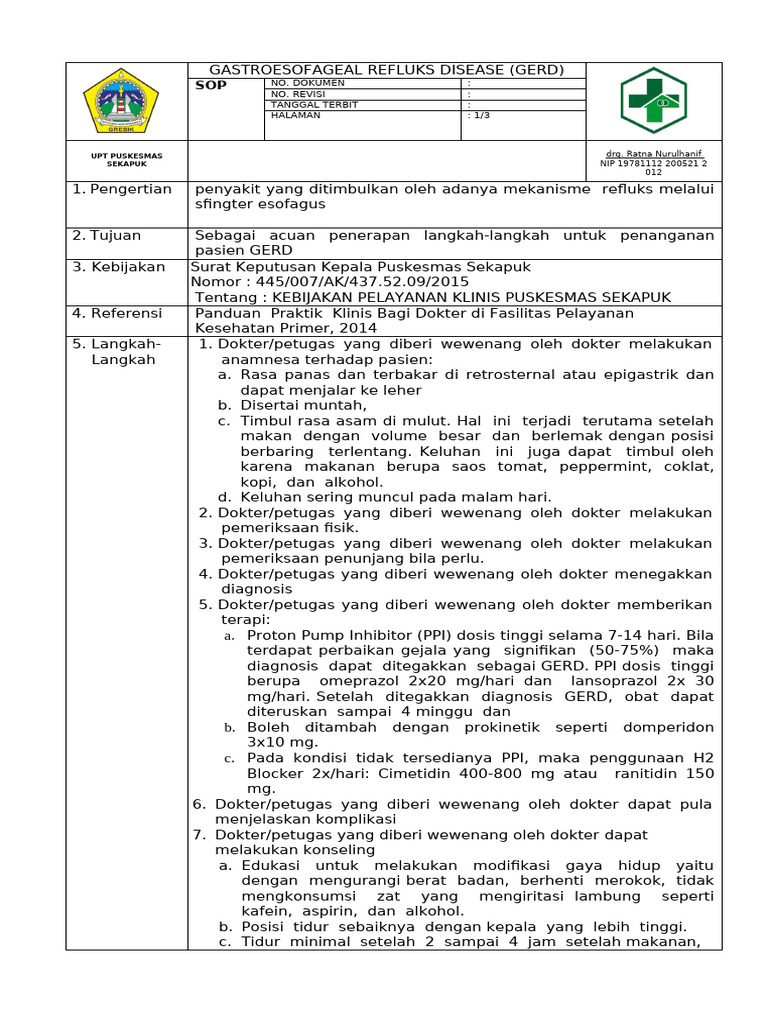 SOP Gastroesofageal Reflux Disease (GERD) | PDF | Gastroesophageal Reflux Disease | Wellness
