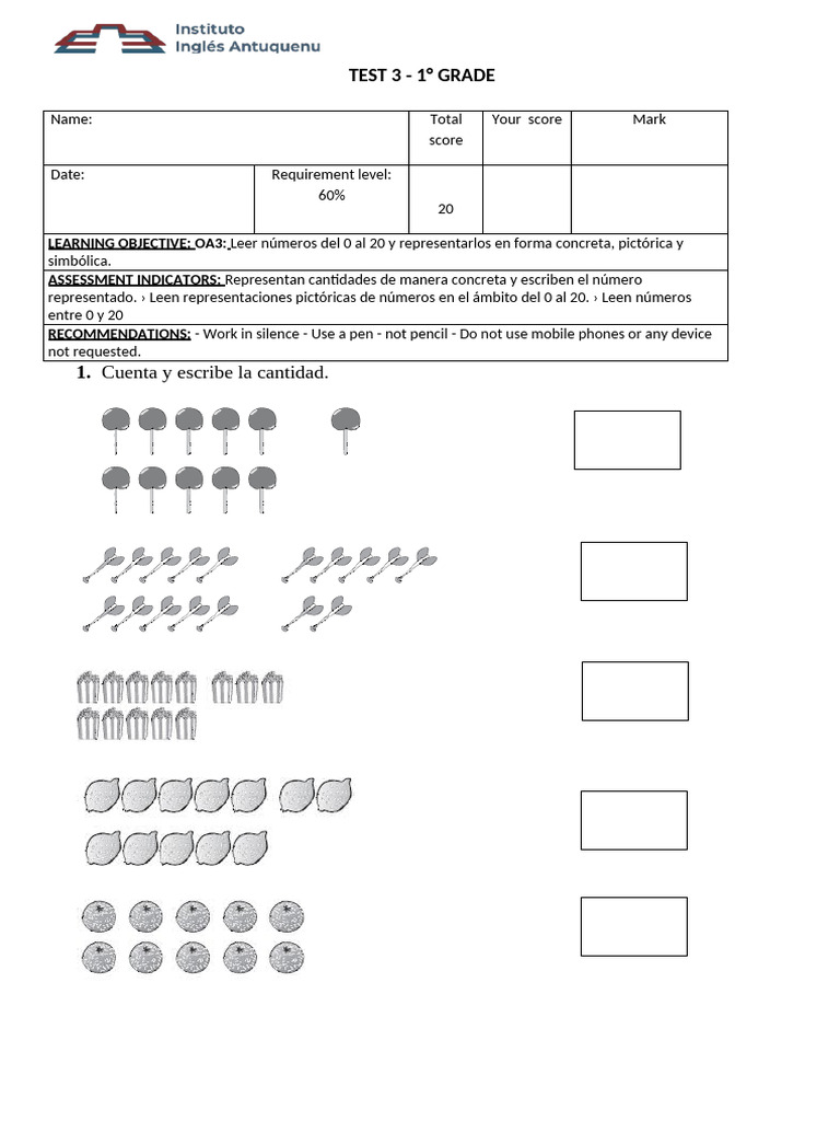Prueba Numeros Hasta 20 | PDF