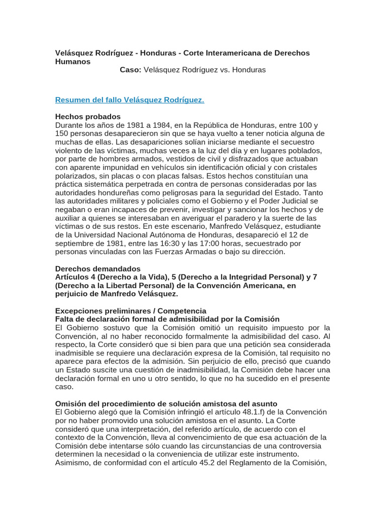 Velásquez Rodríguez Resumen Del Caso | PDF | Convenio europeo de ...