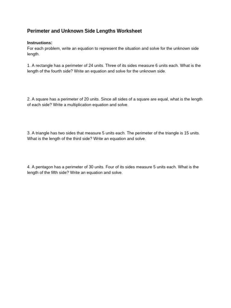 Perimeter and Unknown Side Lengths Worksheet | PDF