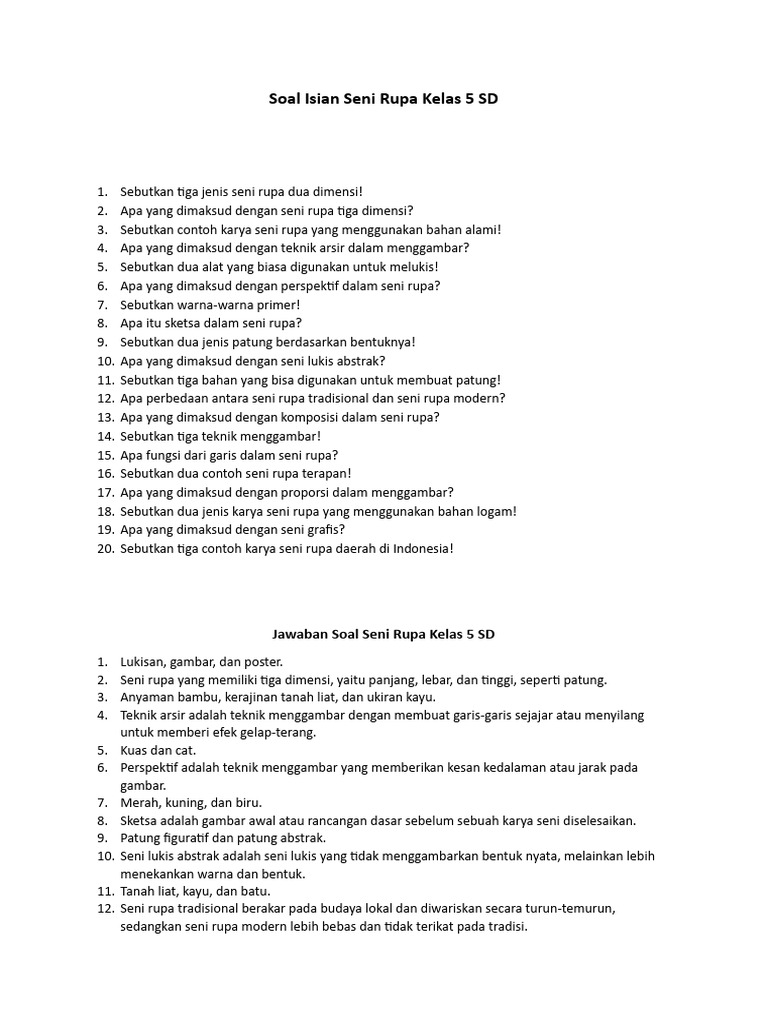 Soal Isian Seni Rupa Kelas 5 SD | PDF | Indonesia | Textile Arts