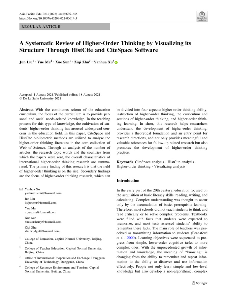 A Systematic Review of Higher-Order Thinking by Visualizing Its ...