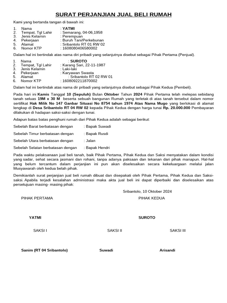 Surat Perjanjian Jual Beli Rumah | PDF