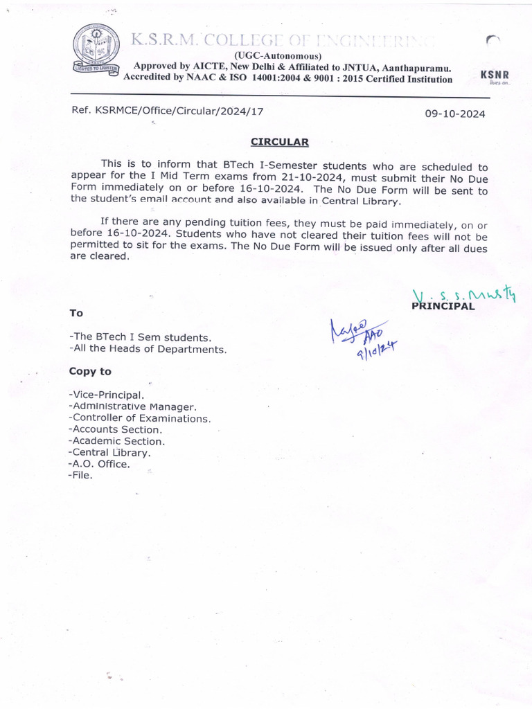 Circular - I Semester B.Tech Students | PDF