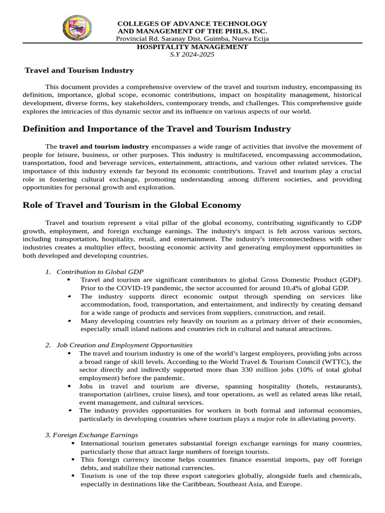 Module 1 - Hospitality Management - Travel and Tourism Industry | PDF