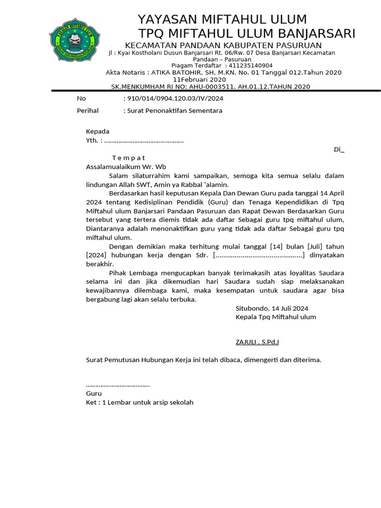 Surat Pengeluaran TPQ | PDF