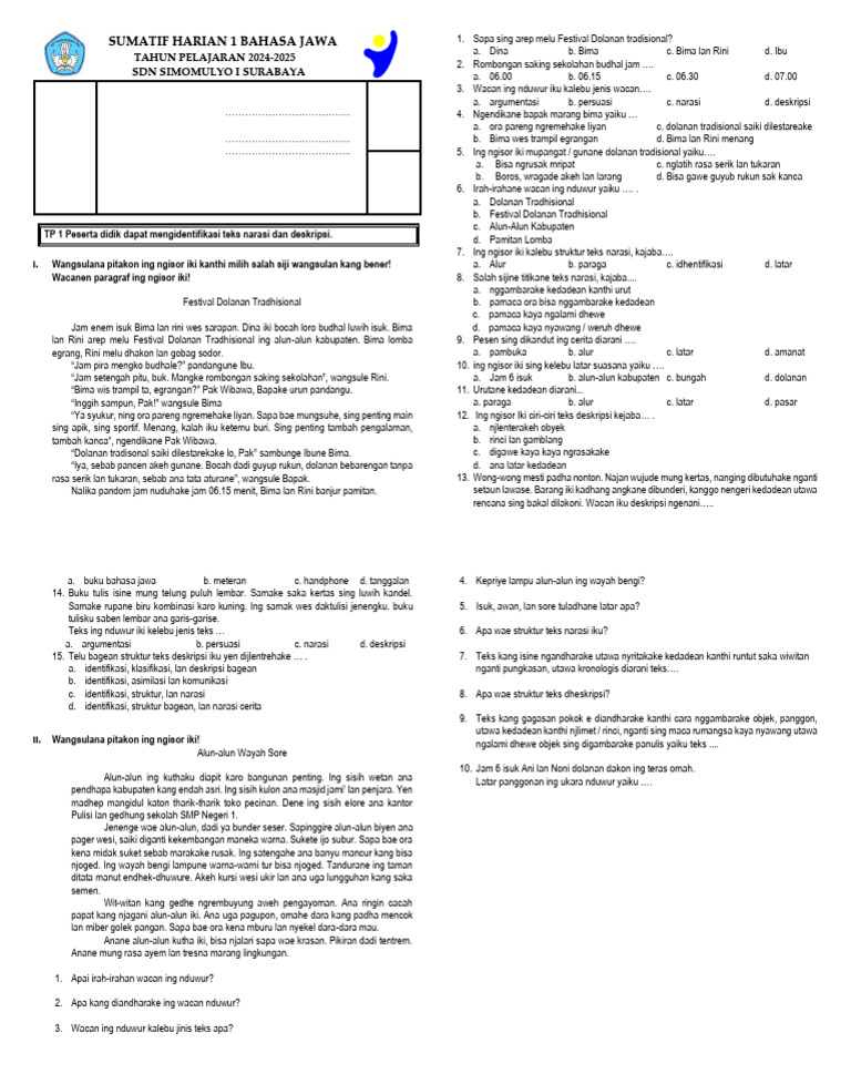 Sumatif 1 Basa Jawa Kelas 5 24-25 (1) | PDF