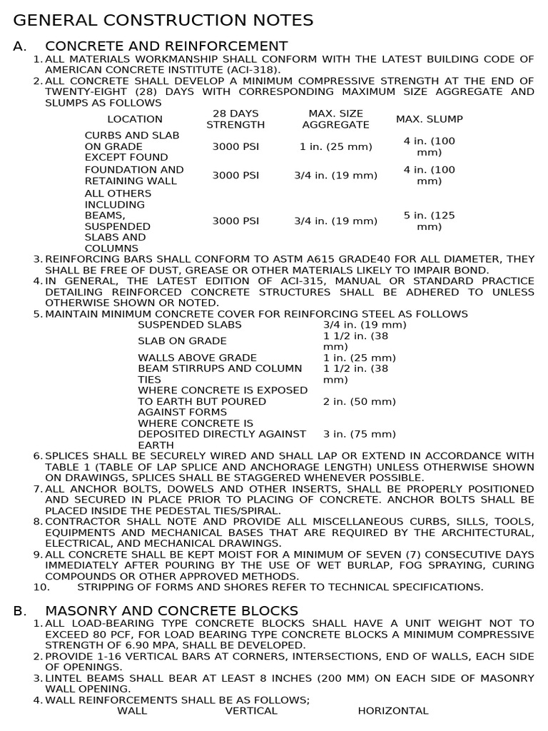 GENERAL CONSTRUCTION NOTES | PDF