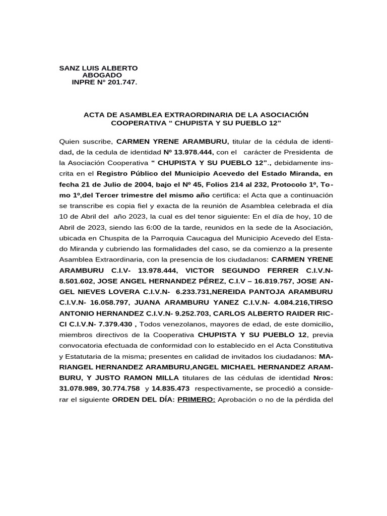 Asamblea Extraordinaria Coop SEÑOR TIRSON NUEVO | PDF