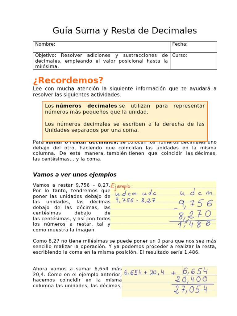 Sumas Decimales | PDF