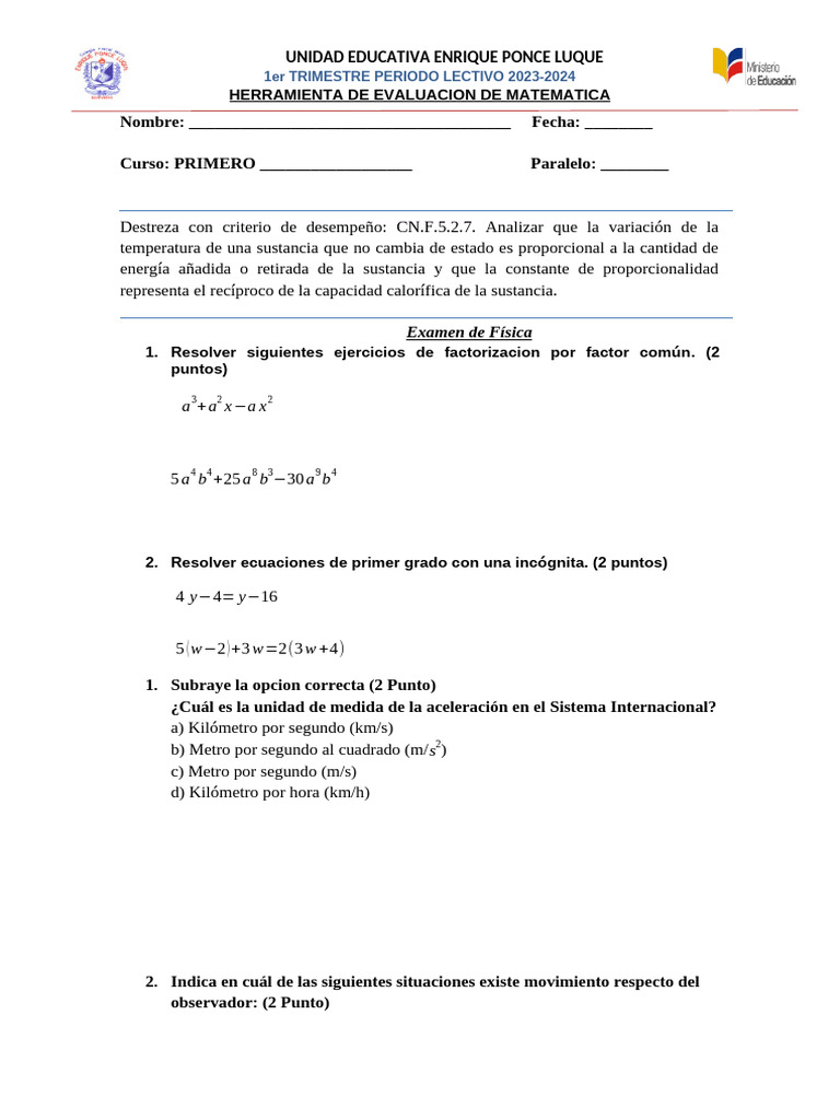 Instrumento de Evaluacion Matem Bgu 1ro Sup | PDF