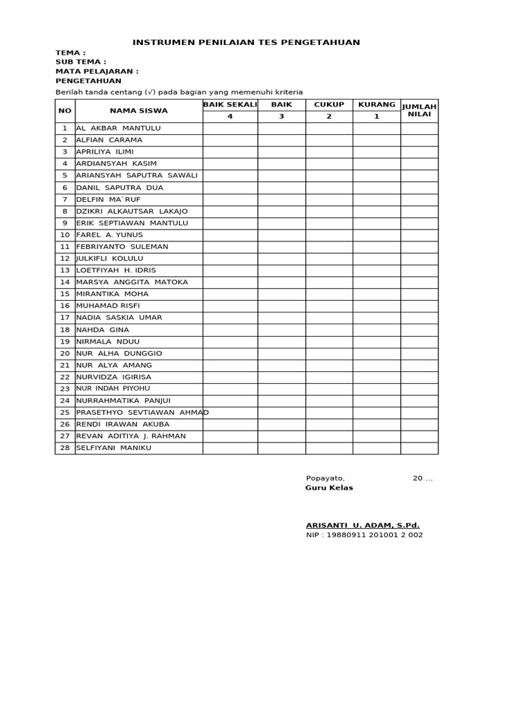 Instrumen Penilaian Kelas 6 | PDF