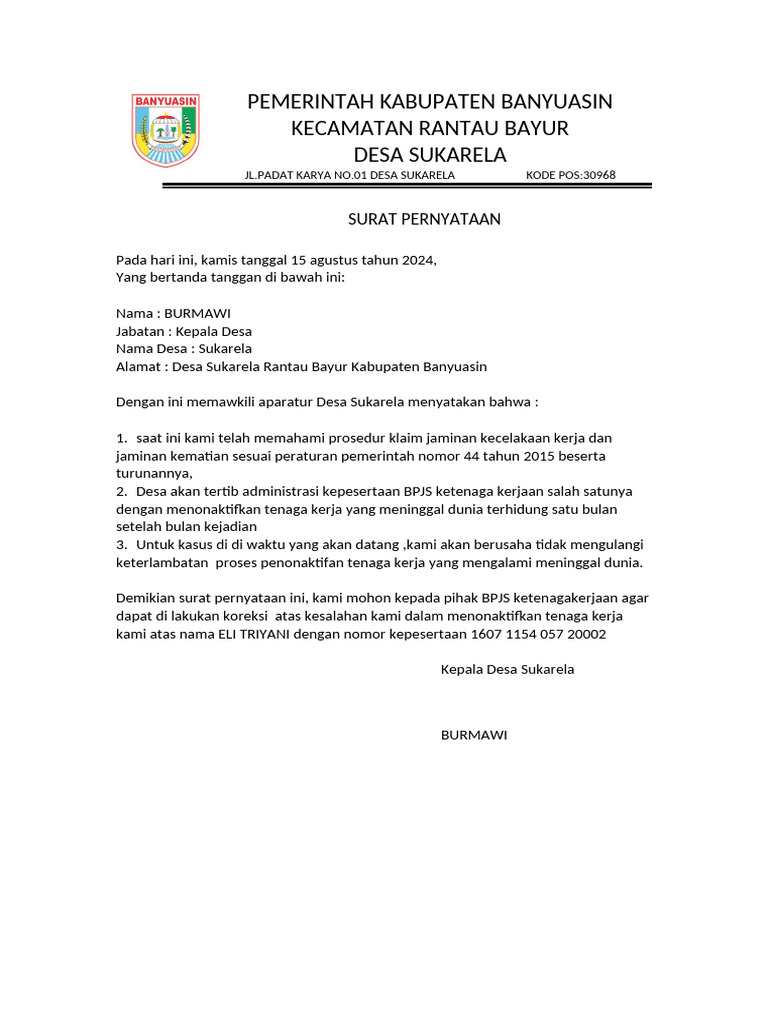Surat Penonaktifan BPD Sukarela | PDF