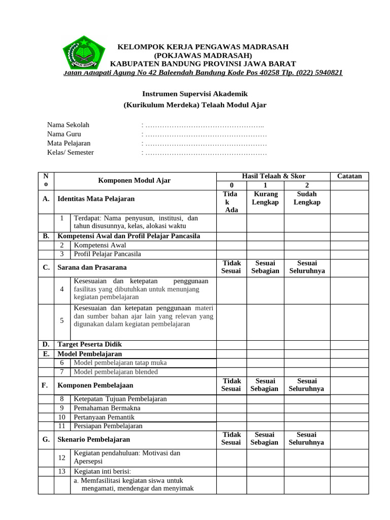 Instrumen Supervisi Penelaahan Modul Ajar | PDF