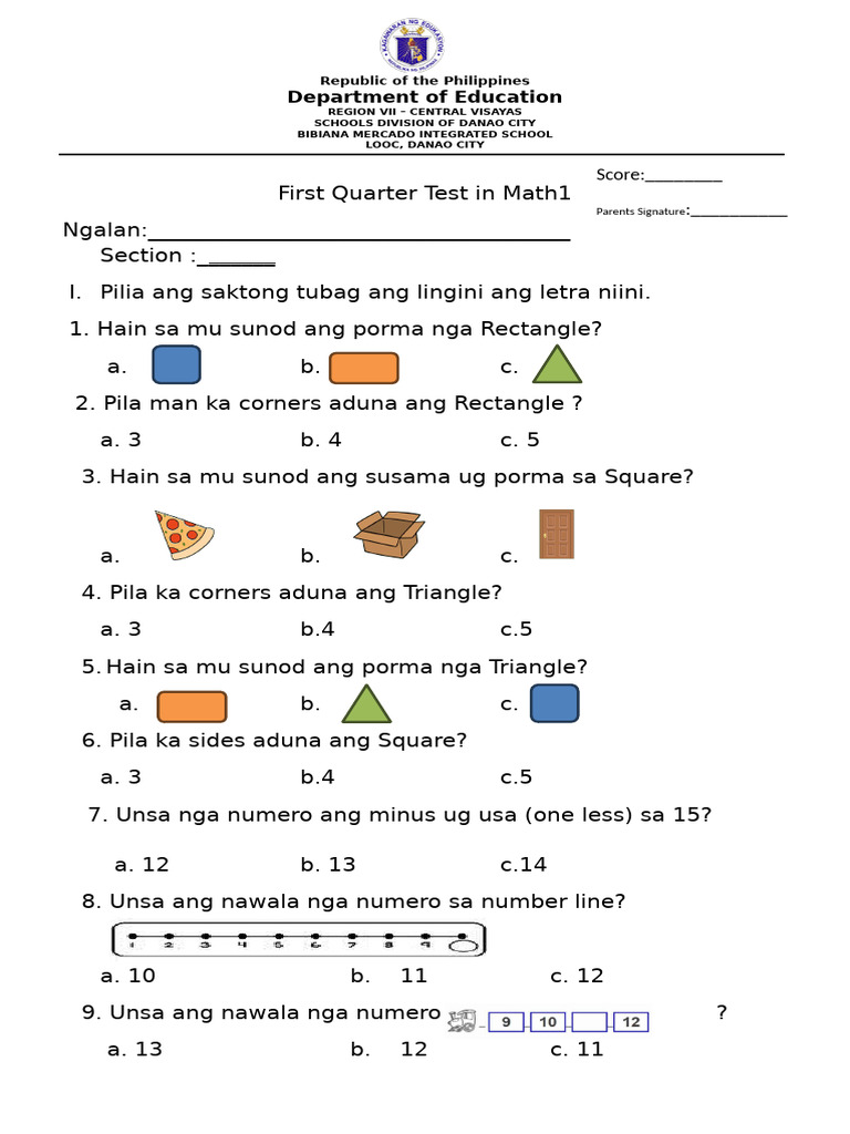 First Quarter Test in Math1 | PDF | Elementary Geometry | Euclidean ...