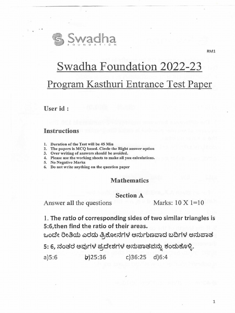 Swadha Model question paper 01 | PDF