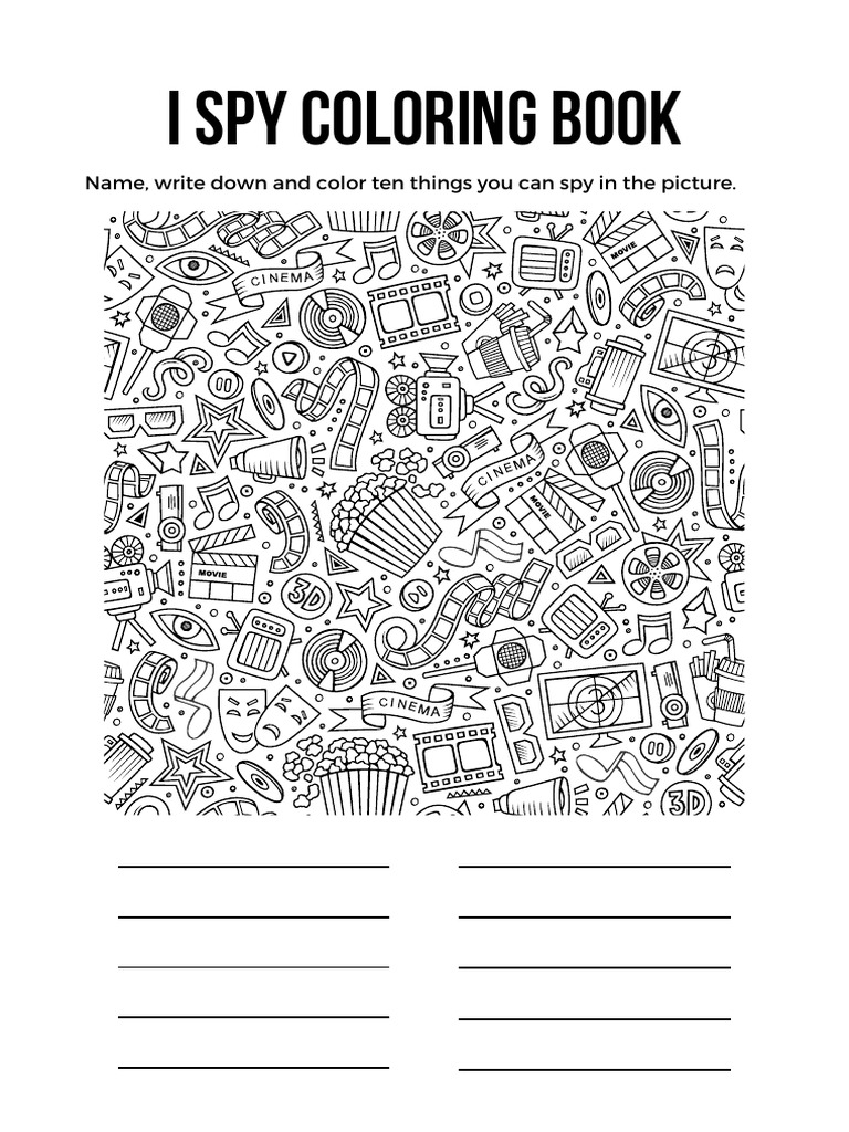 Black and White Lined Cinema Coloring Activity Worksheet | PDF