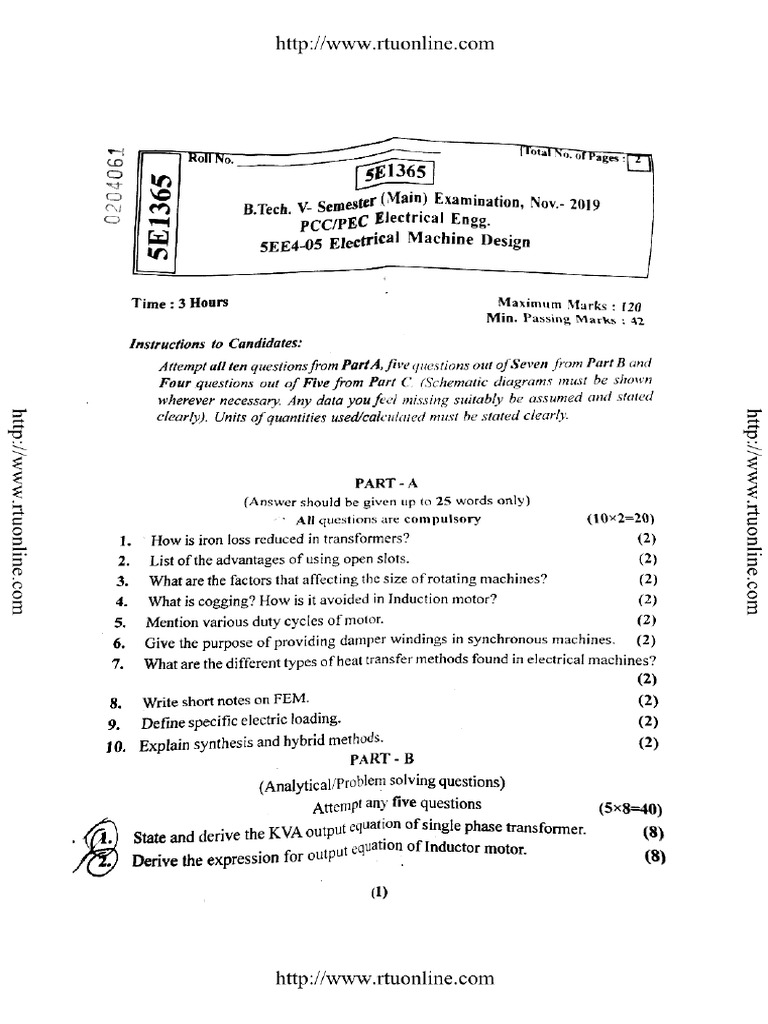 Btech Ee 5 Sem Electrical Machine Design 5e1365 Nov 2019 | PDF