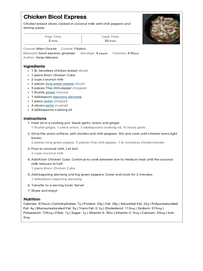 Chicken Bicol Express - Panlasang Pinoy | PDF