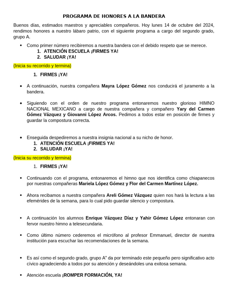 PROGRAMA DE HONORES A LA BANDERA | PDF