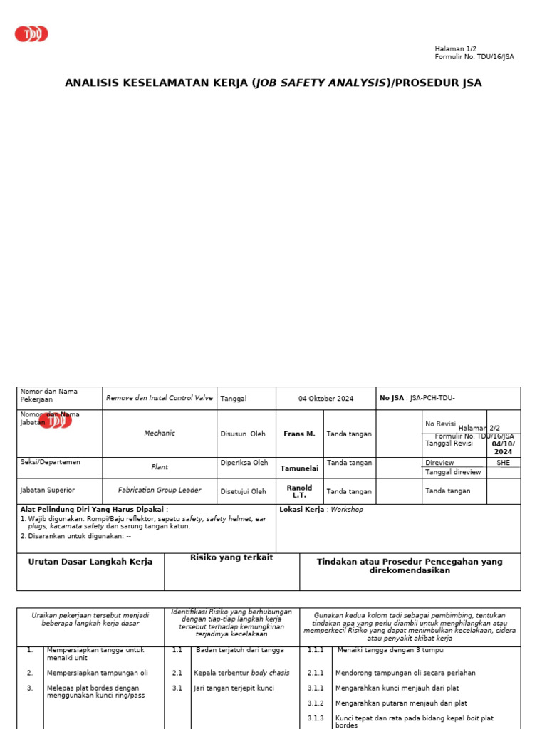 Jsa - Remove Dan Instal Control Valve New | PDF | Gas Technologies ...