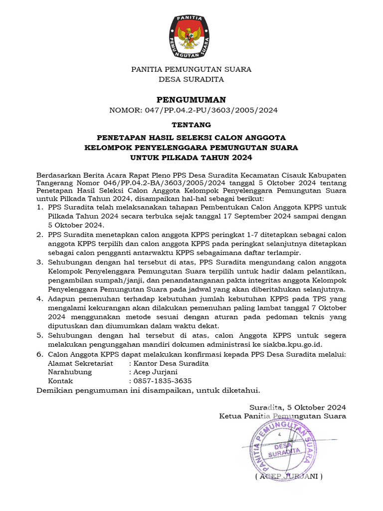 Pengumuman PPS Penetapan Hasil Seleksi KPPS Suradita Pilkada 2024 | PDF