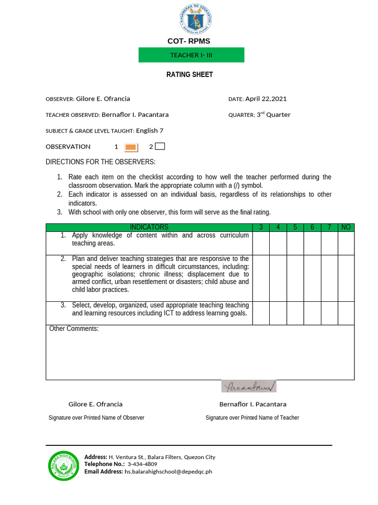 COT-RPMS-RATING-SHEET-FOR-TEACHER-I-III | PDF