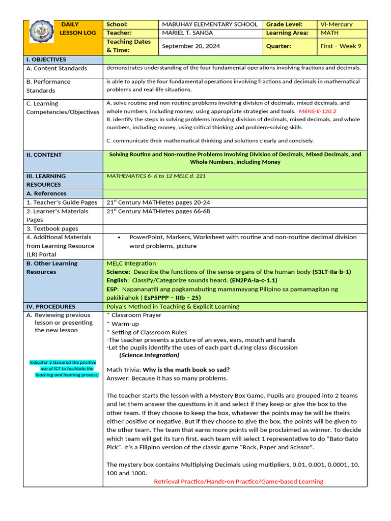 Math6 Q1 W9 Mariel Sanga | PDF | Learning | Cognition