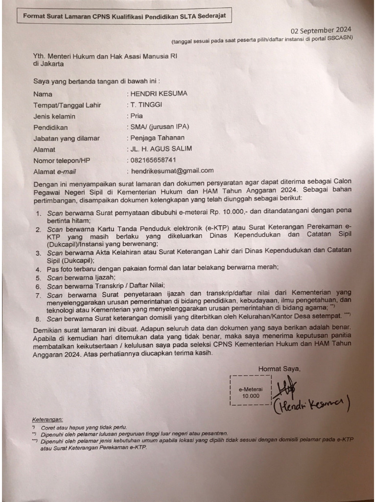 Surat lamaran hendri | PDF