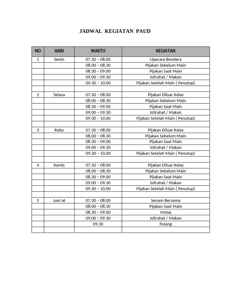 Jadwal Kegiatan Paud | PDF