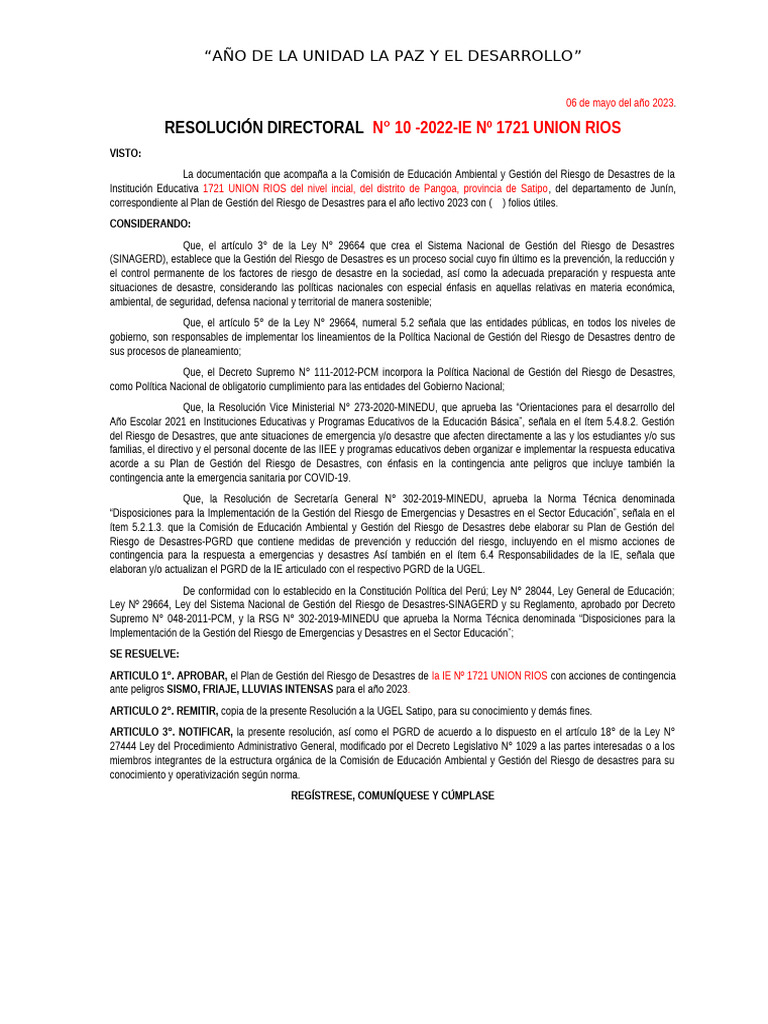 MODELO DE RD-APROBACION-PLAN-GRD IIEE 30001-70 | PDF