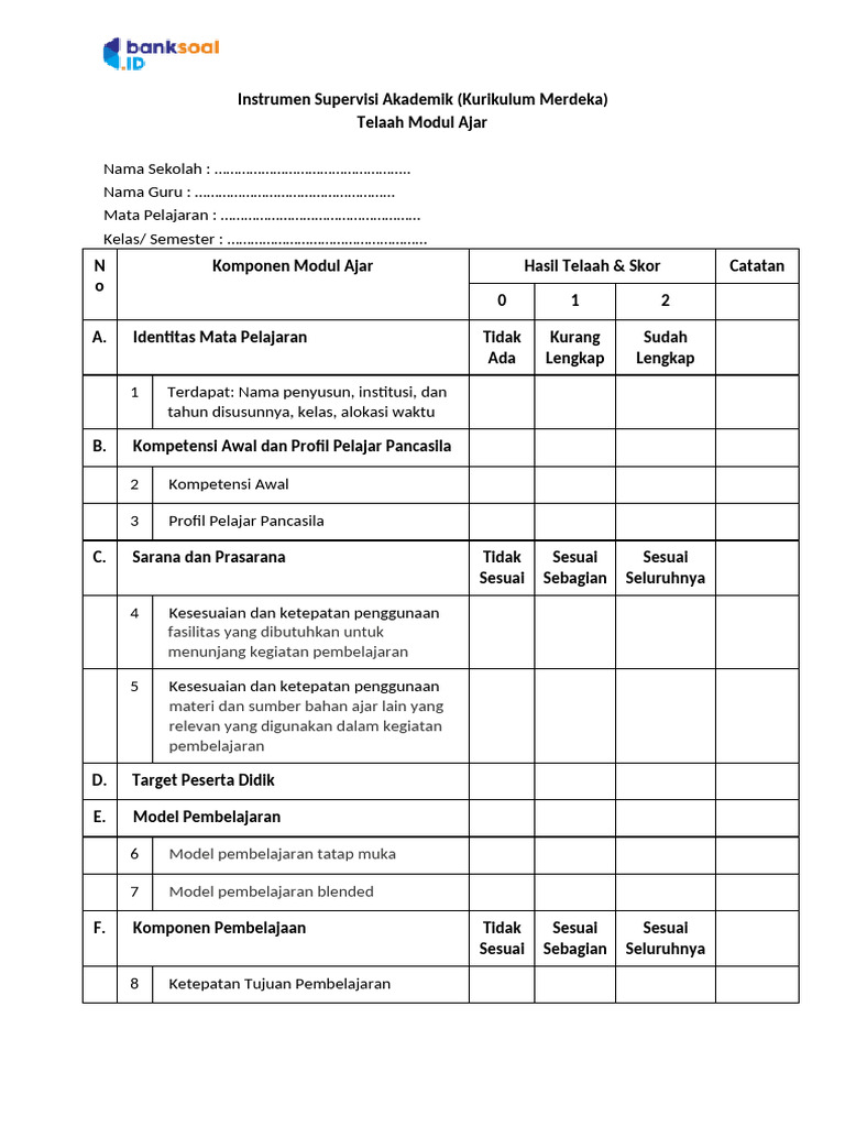 Instrumen Supervisi Penelaahan Modul Ajar | PDF