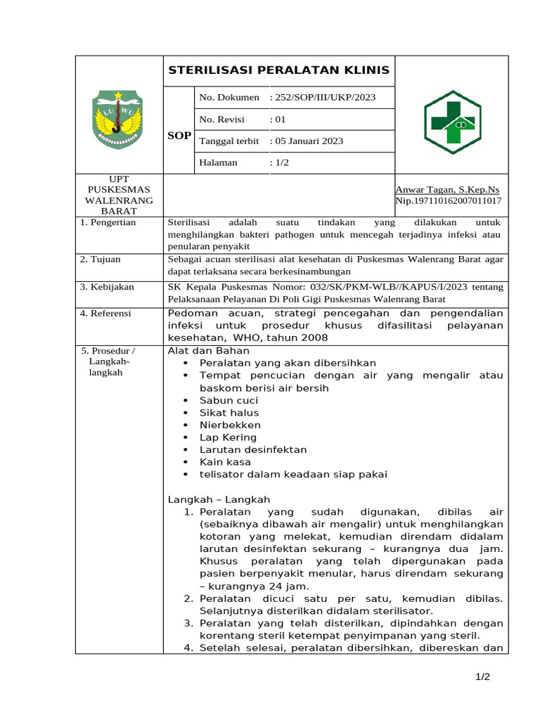 Sop Sterilisasi Alat | PDF