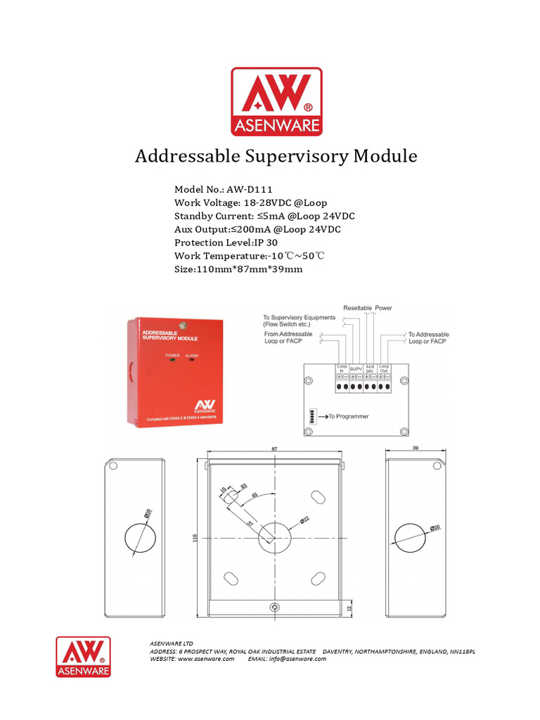 AW-D111 Addressable Supervisory Module User Manual 20220718 | PDF