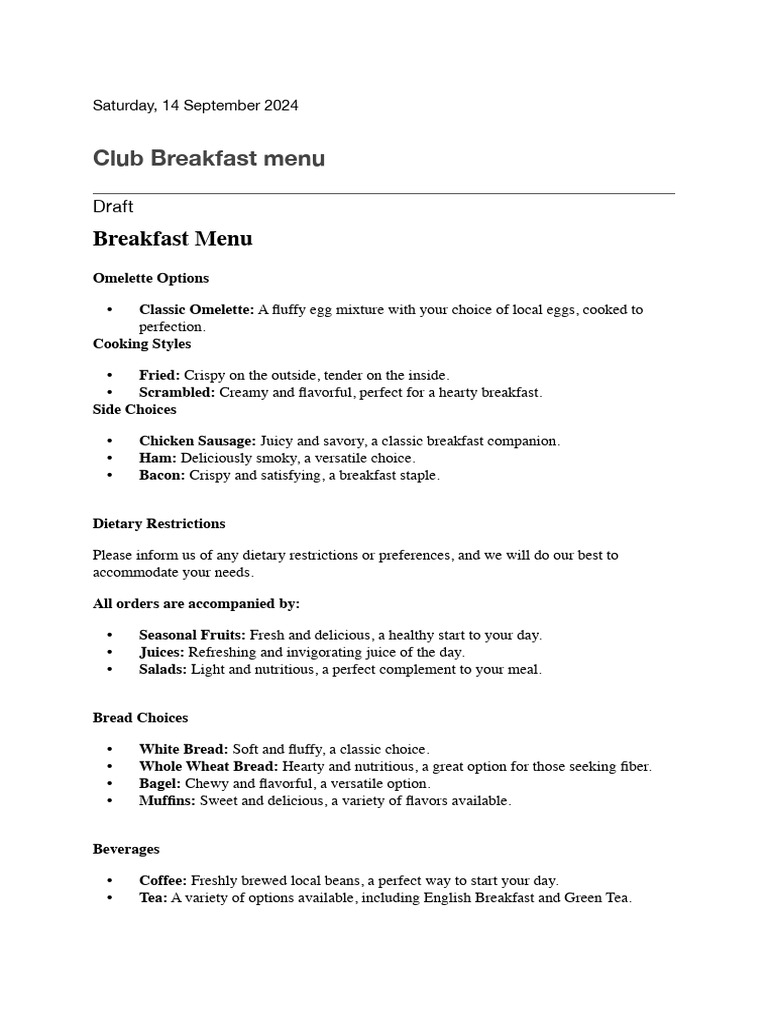 The Club Brekfast Menu | PDF