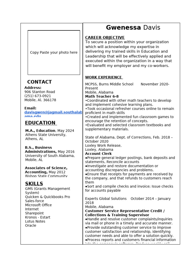 1 Page Gwenessa Davis CV | PDF