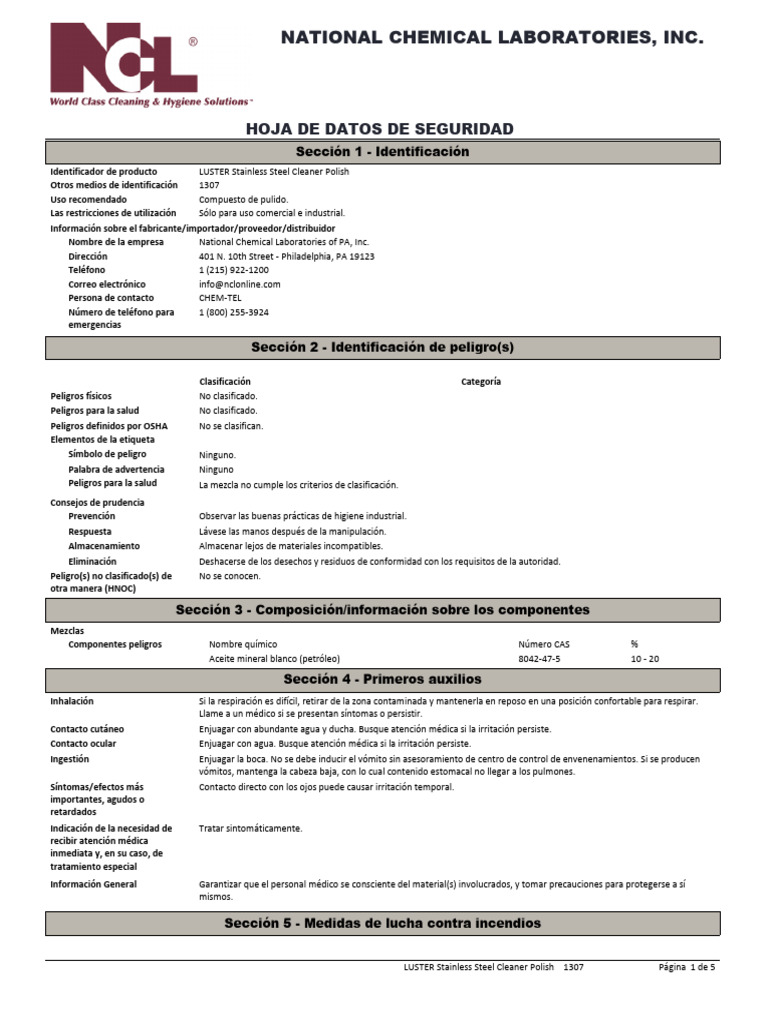 Luster Sds Spanish Ghs-Hoja de Seguridad | PDF