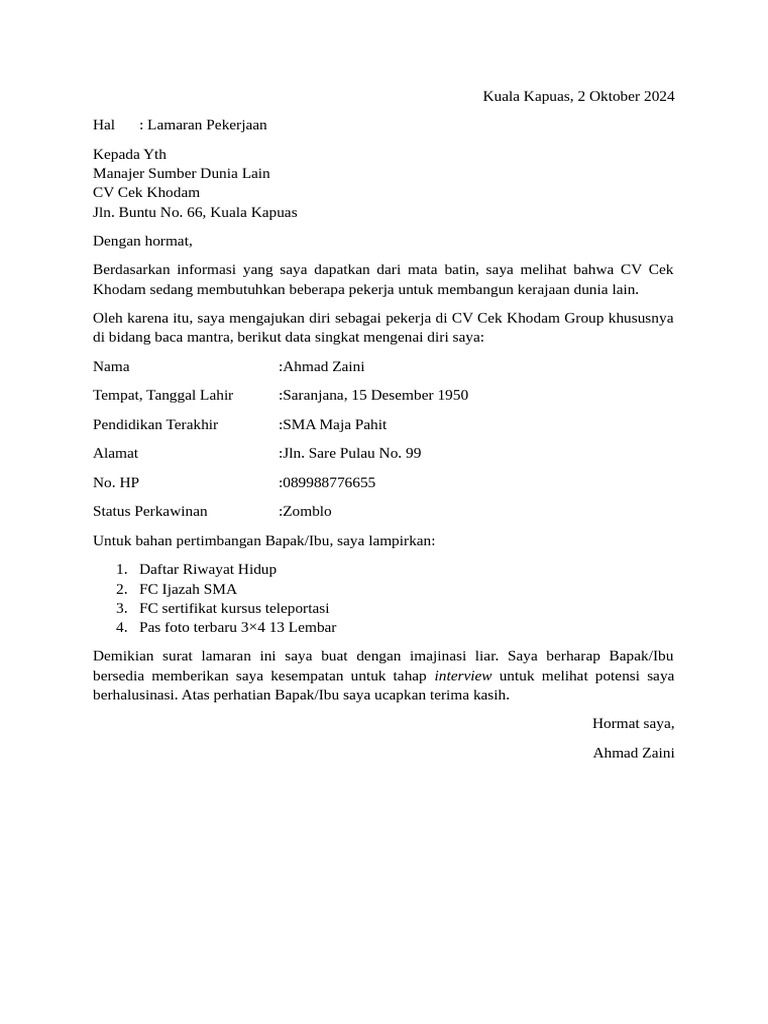 (Ahmad Zaini) Tugas Surat Lamaran Kerja | PDF