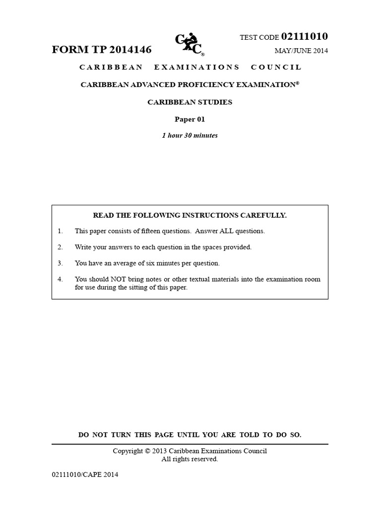 CAPE Caribbean Studies P1 2014 | PDF