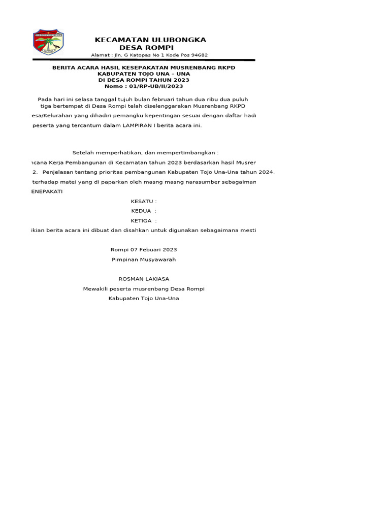 Berta Acara Musrenbang RKP 2023 Excel | PDF