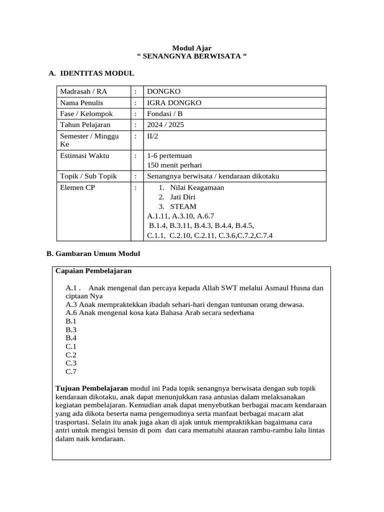 B MODUL AJAR RA B (Kendaran Di Kotaku) | PDF