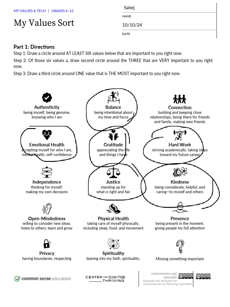 Lesson 1 Digital Well-Being - My Values & Tech - Student Handout | PDF