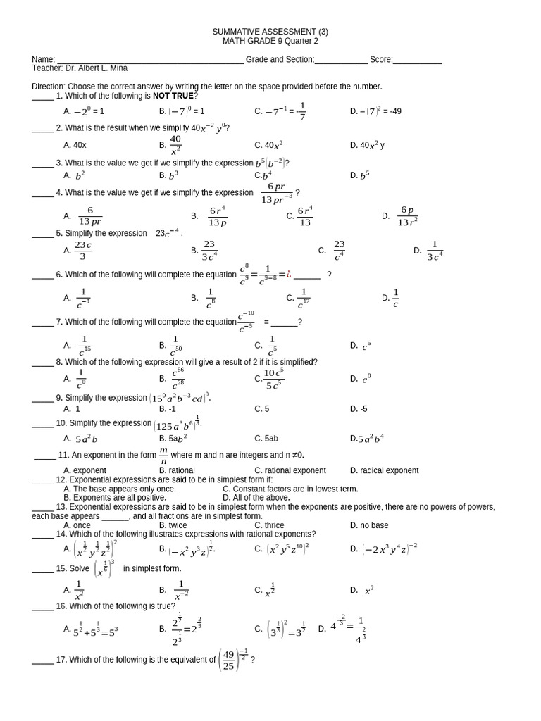 Summative Assessment (3) Q2 Math Grade 9 | PDF