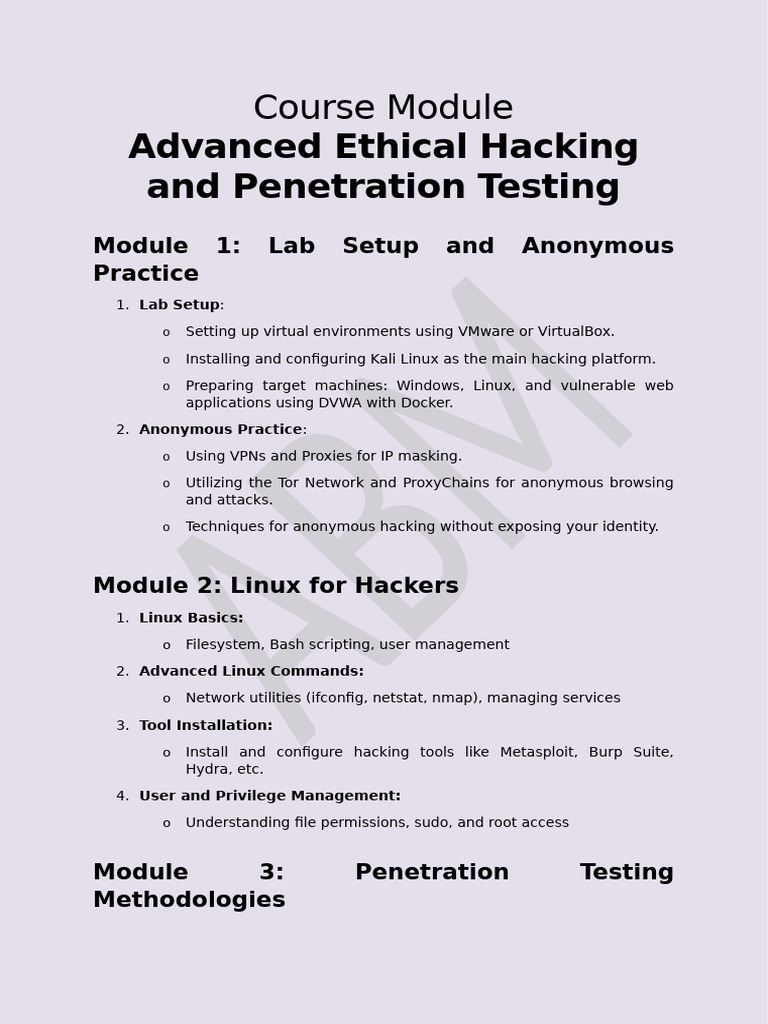 Advanced Ethical Hacking and Penetration Testing: Course Module | PDF